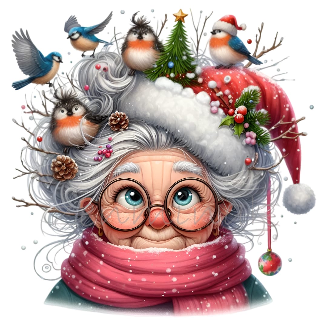 Funny Grandma Santa Hat and Winter Birds on Head 12 PNG Senior Lady ...