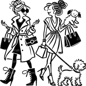 6 SVG Women With Pets SVG Cut File, Fashion Ladies With Dog and Bunny ...