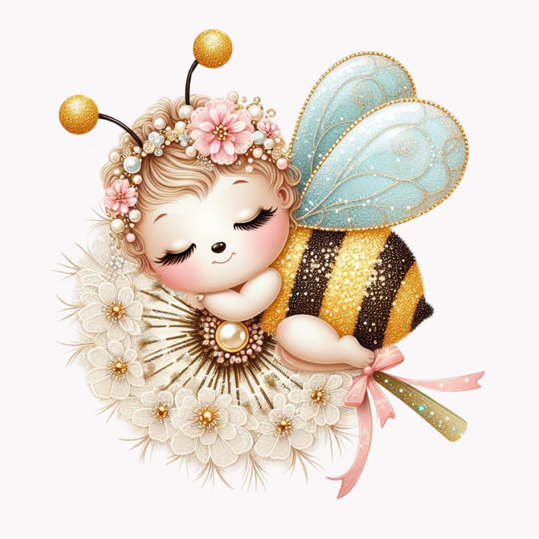 10 Cute Baby Bee PNG Clipart With Flowers, Glitter Wings, Headband, Bow ...