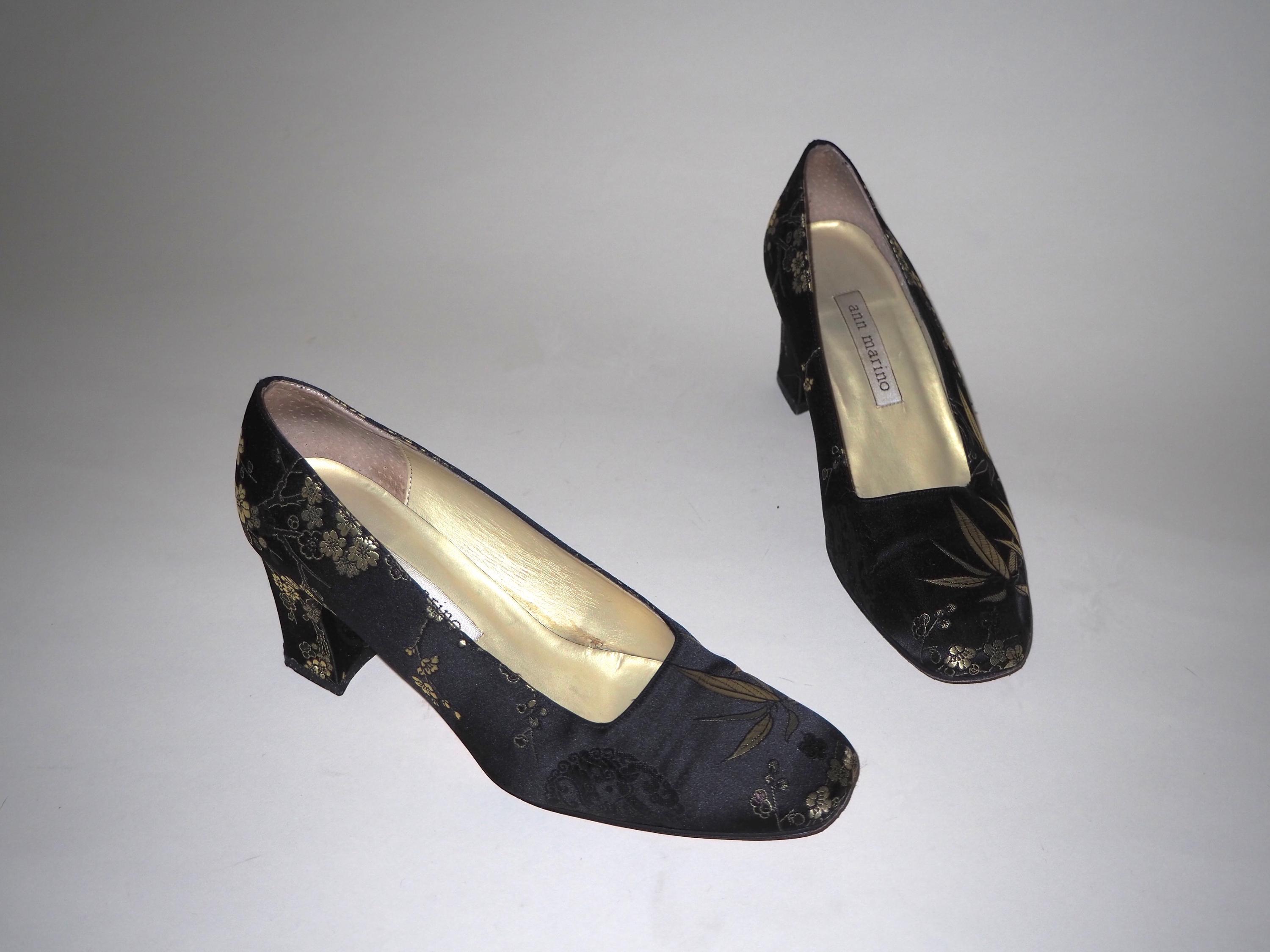 Vintage Ann Marino Black & Gold Satin Floral Square Toe Heels - Etsy