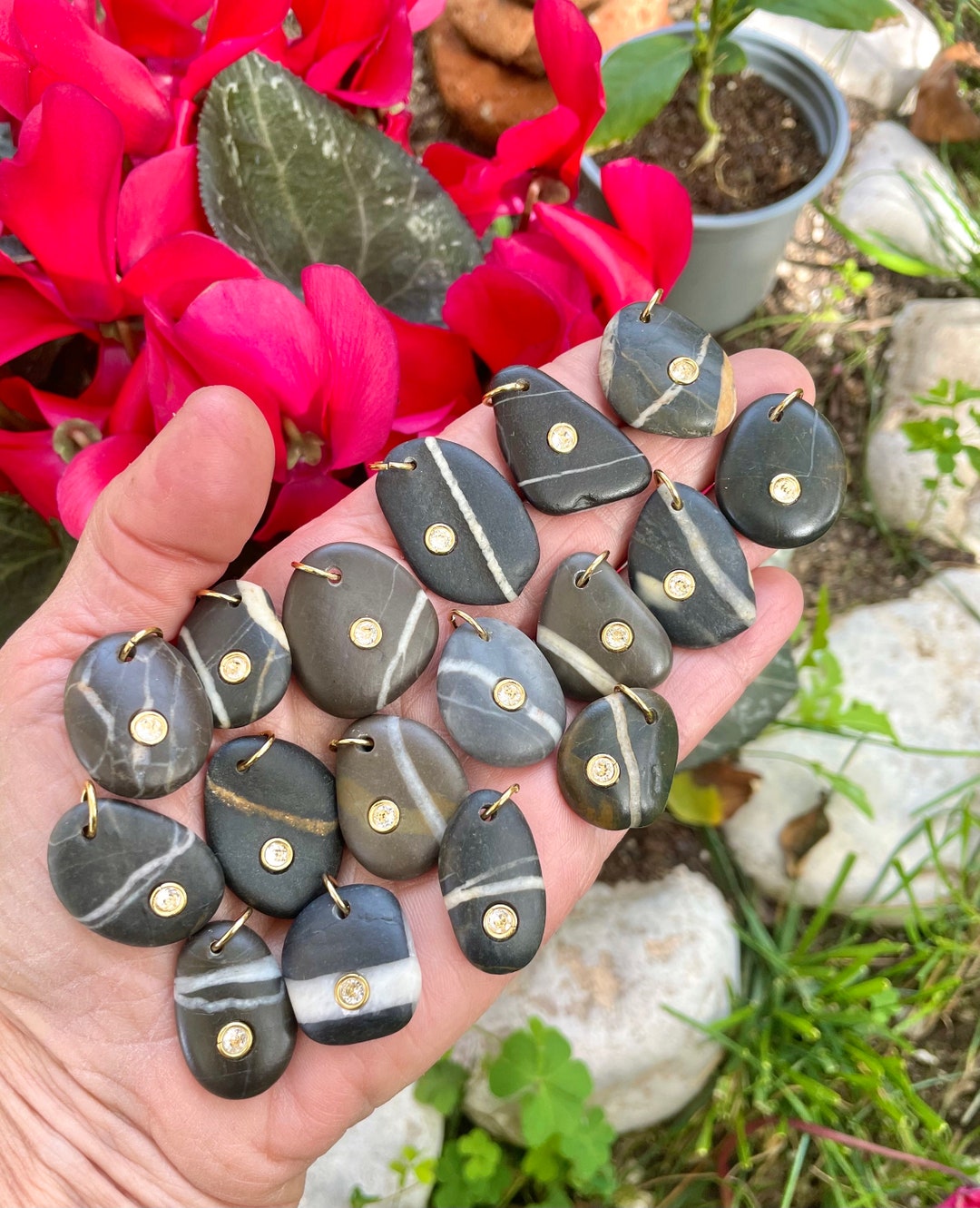 Diamond Gold Pebbles Necklace. Diamond and Stone Pendant. Pebbles ...