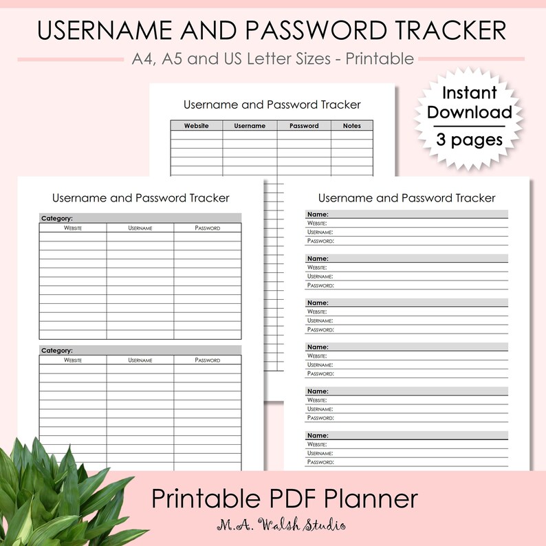 Password Tracker, Username Tracker, Password Printable, Login Tracker ...