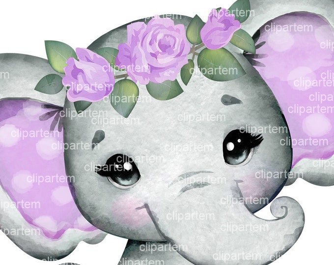 Purple Floral Elephant Clip Art Watercolor Cute Little - Etsy
