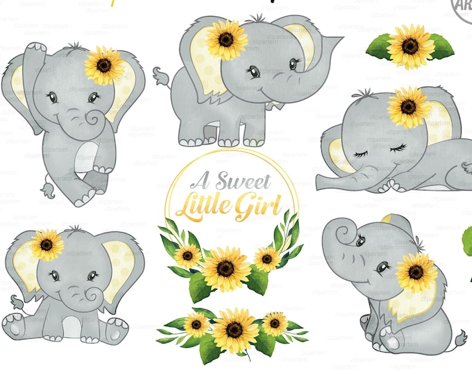 Sunflower Elephant Watercolor Clip Art Set for Creative - Etsy