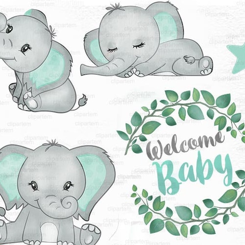Mint Green Elephant Clip Art Watercolor. Baby Elephant - Etsy