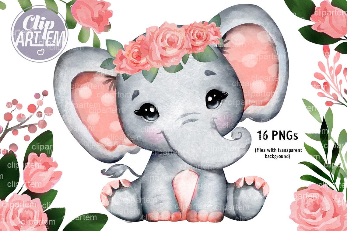 Coral Peach Elephant Floral Essential Bundle Set of Watercolor Flowers ...