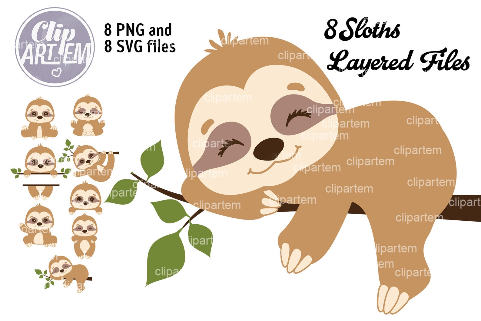 Sloth Bundle Essential 8 SVG Layered Cutting File, Baby Sloth, Unisex ...