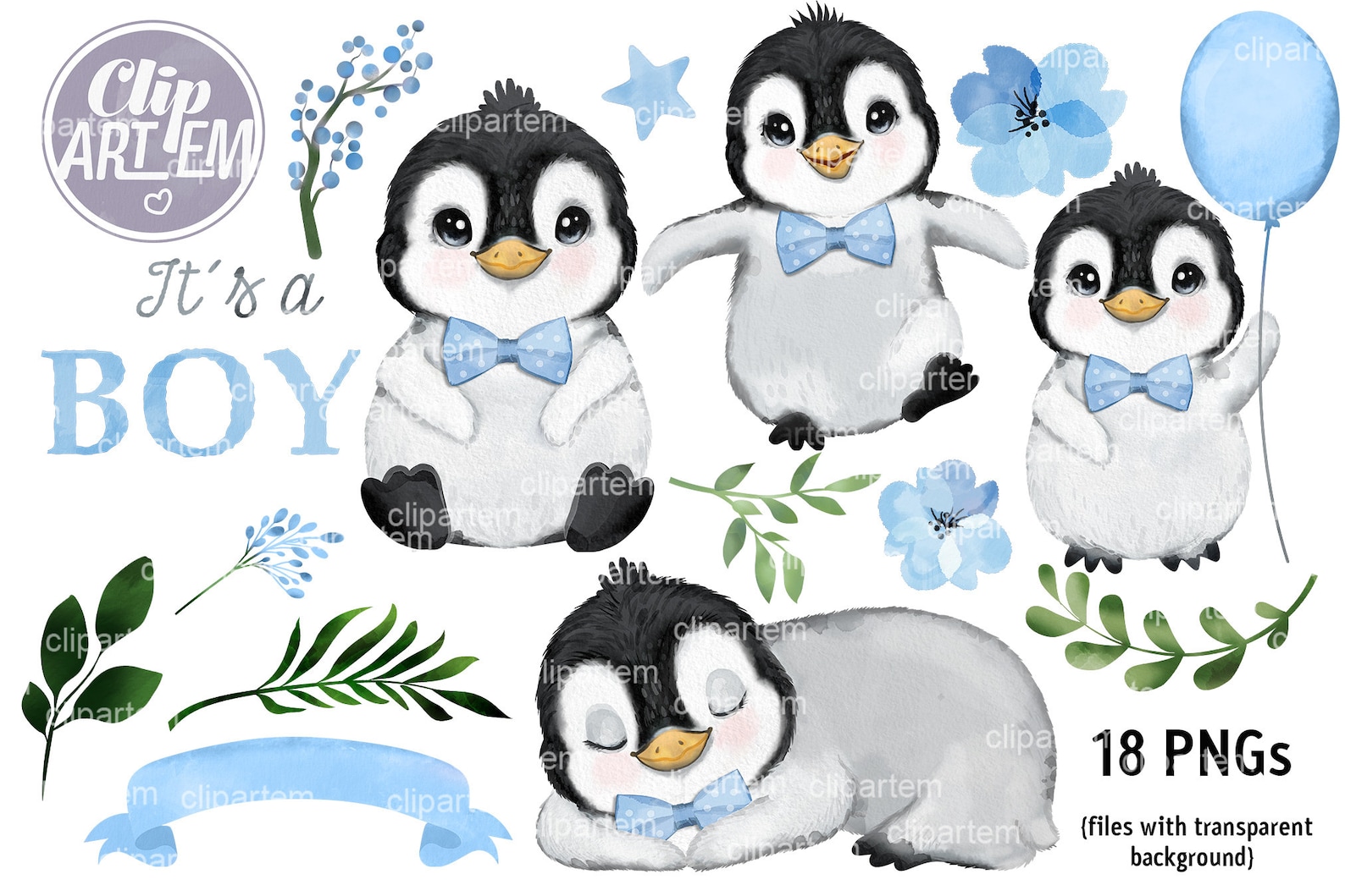 Boy Penguin 18 PNG Clip Art Watercolor Bundle Bow With Bow - Etsy