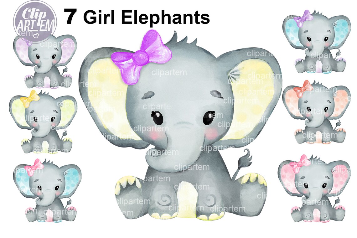 7 Girl Elephants With Bows Clip Art. Bundle of Colorful Girl Baby ...