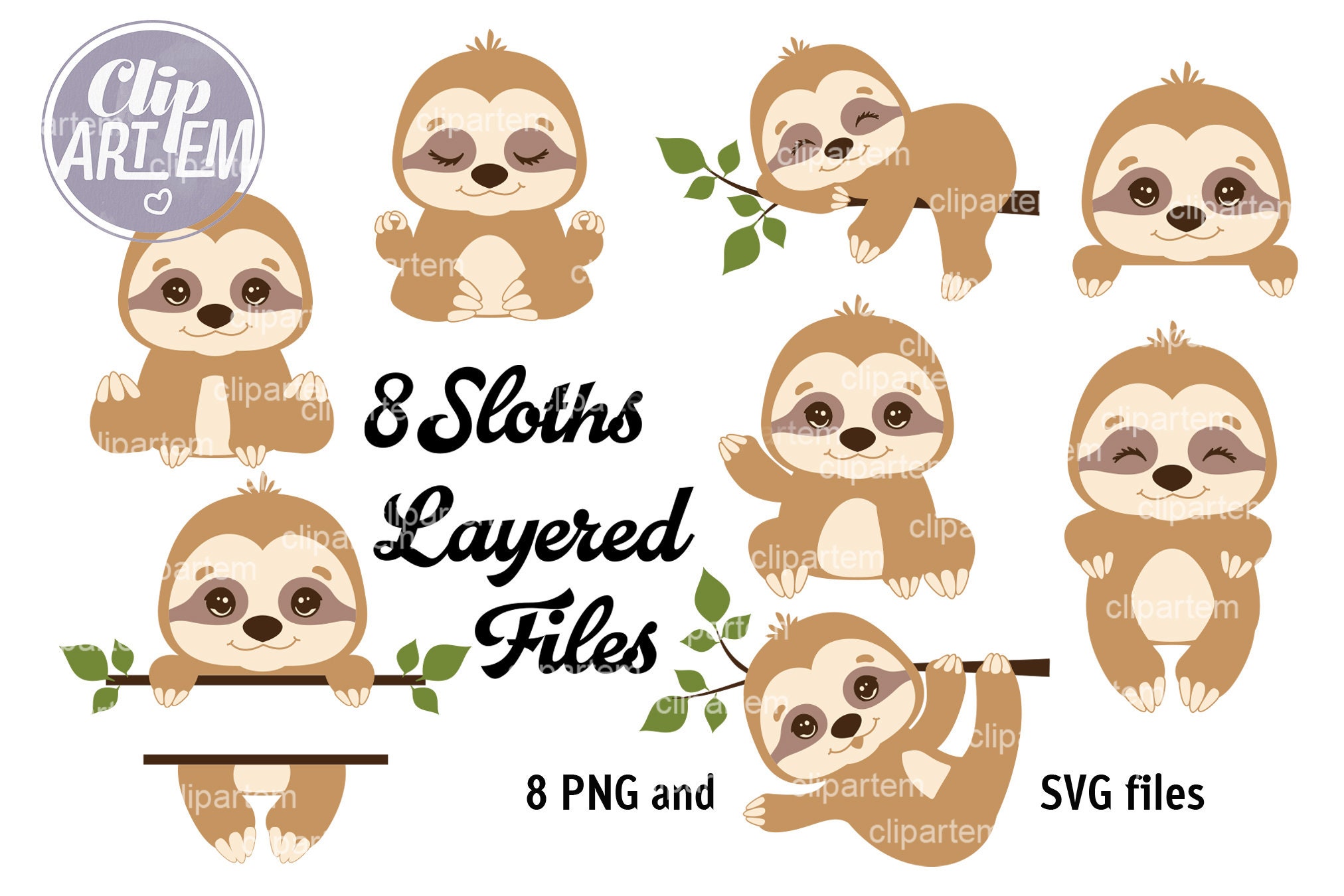Sloth Bundle Essential 8 SVG Layered Cutting File, Baby Sloth, Unisex ...