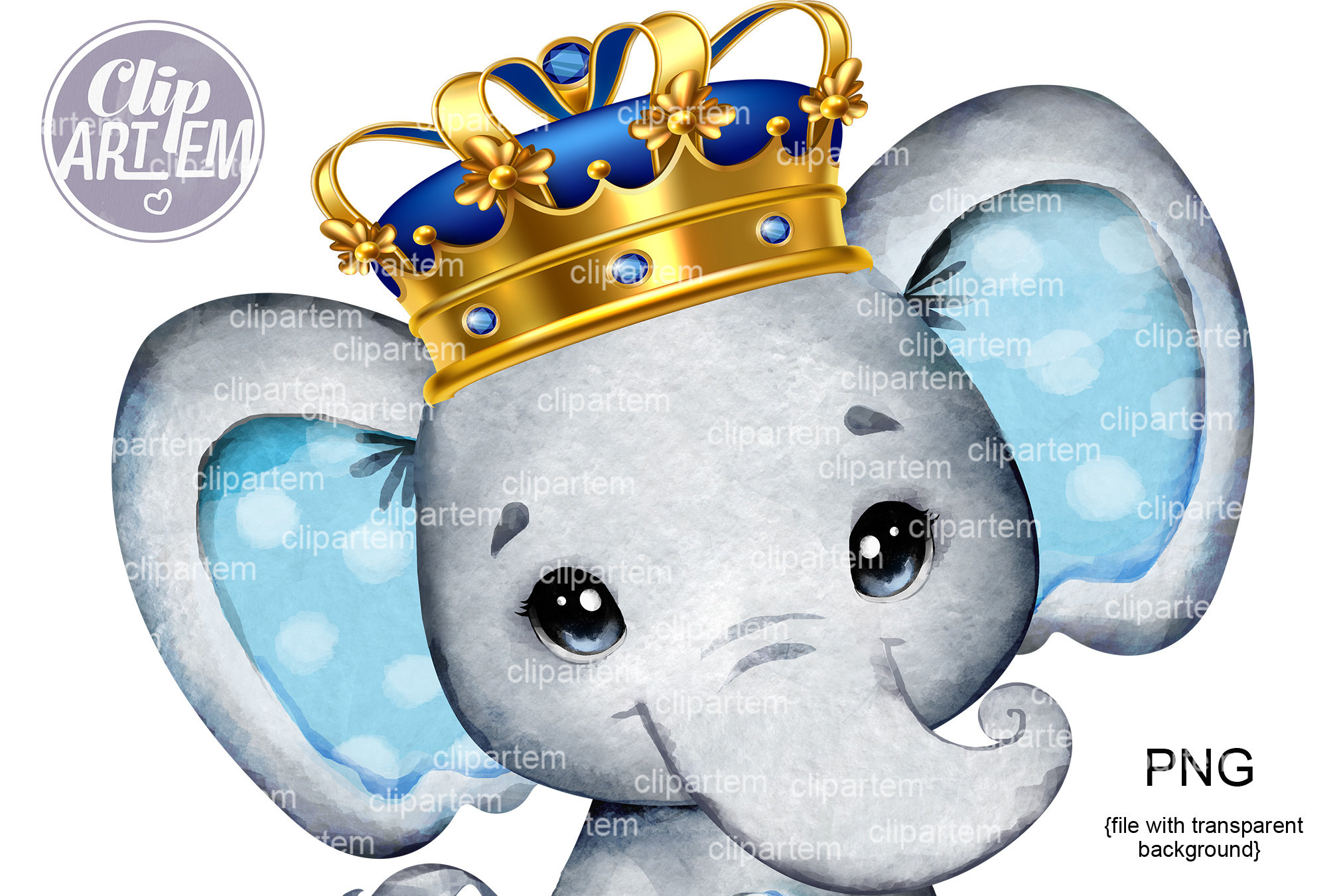 Elefante niño con corona real azul elefante real acuarela | Etsy España