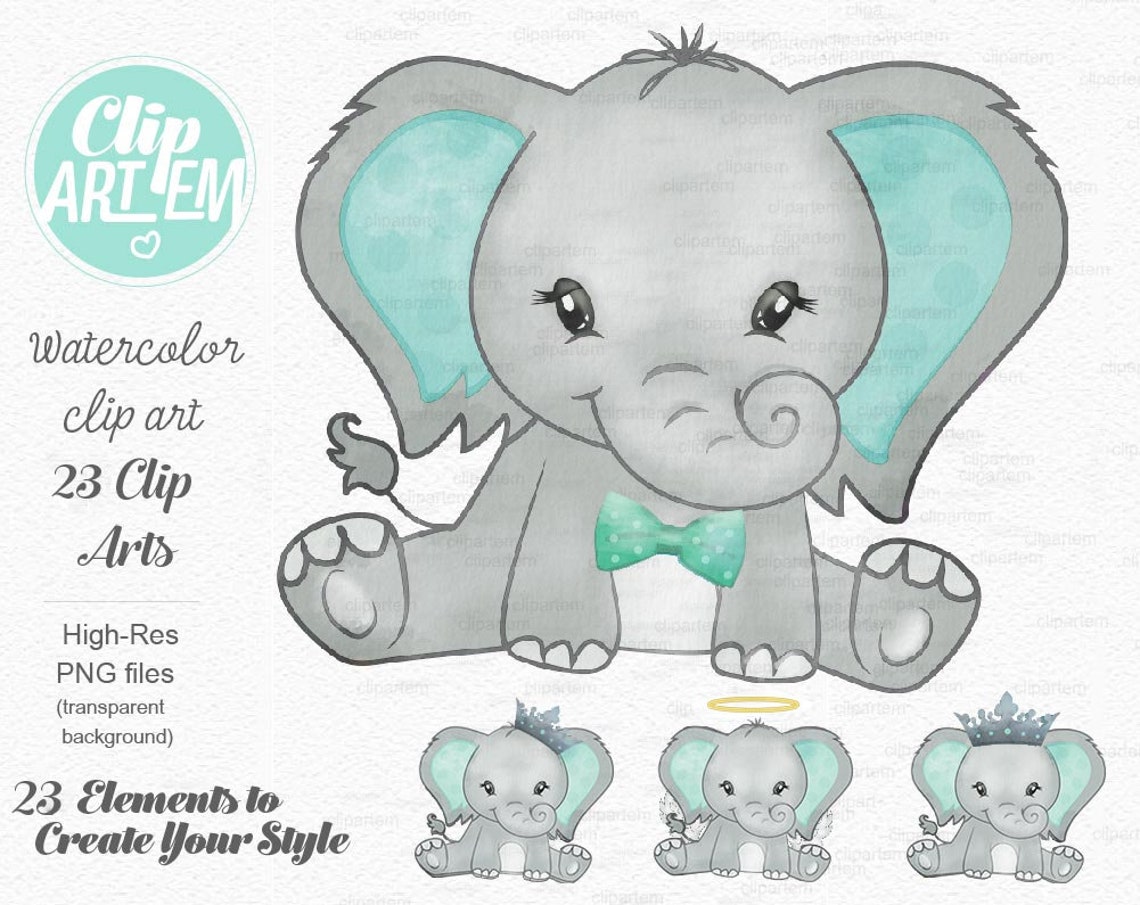 Mint Green Elephant Clip Art, Watercolor. Baby Elephant Clipart, Aqua ...