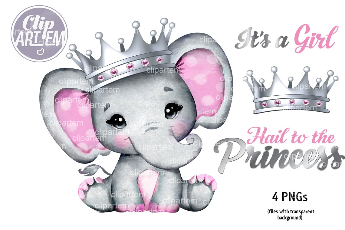 Princess Elephant Silver Pink Crown, Royal Baby Girl Elephant Image ...