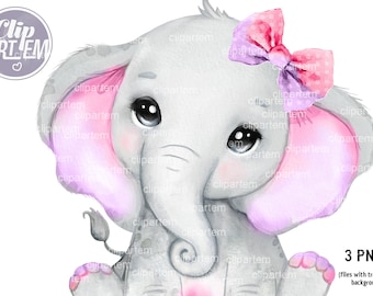 Purple Pink Elephant Clip Art Watercolor Cute Little | Etsy