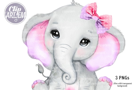 Pink Purple Elephant Clip Art Elephant With Bow Lilac Baby | Etsy