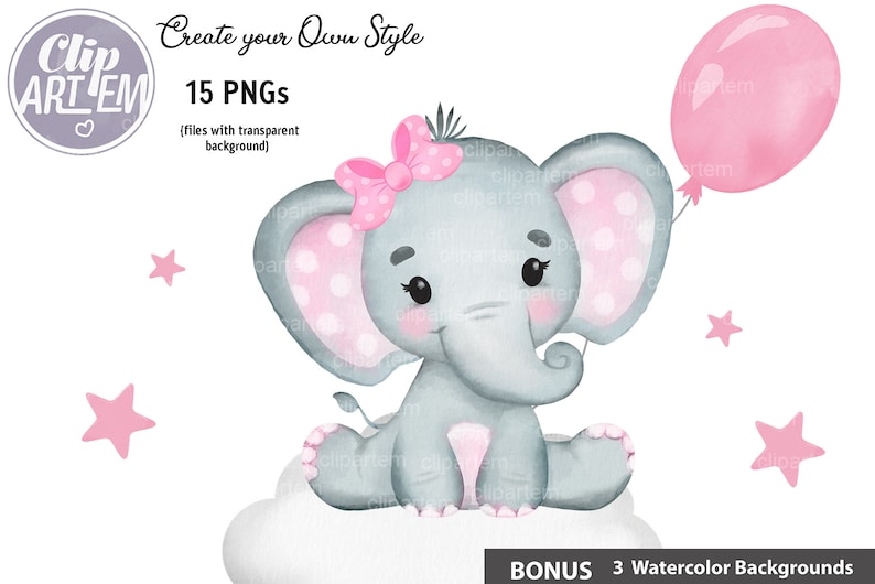 Girl Elephant Clip Art, Cute Little Watercolor Pink Elephants With ...