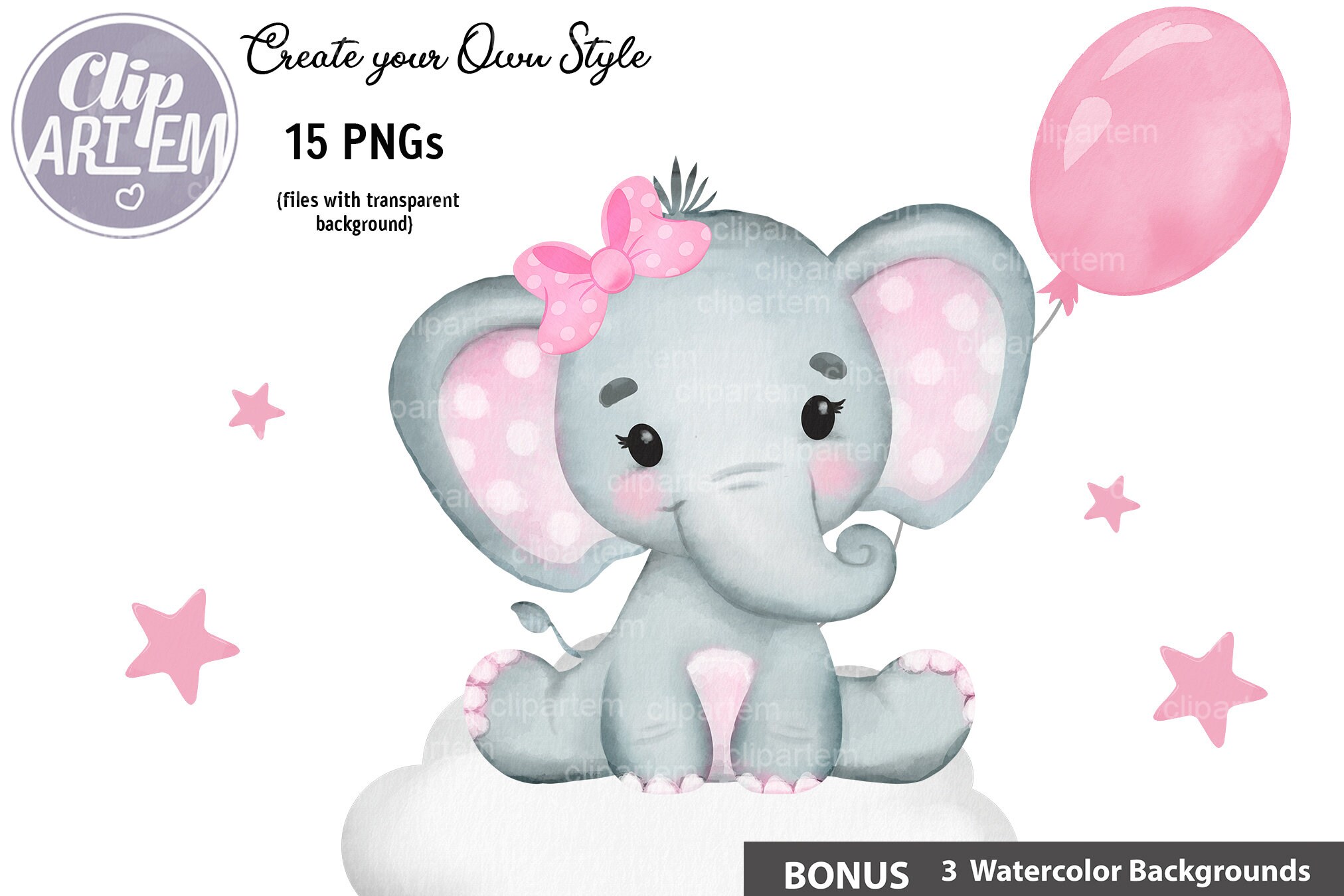 Girl Elephant Clip Art, Cute Little Watercolor Pink Elephants With ...