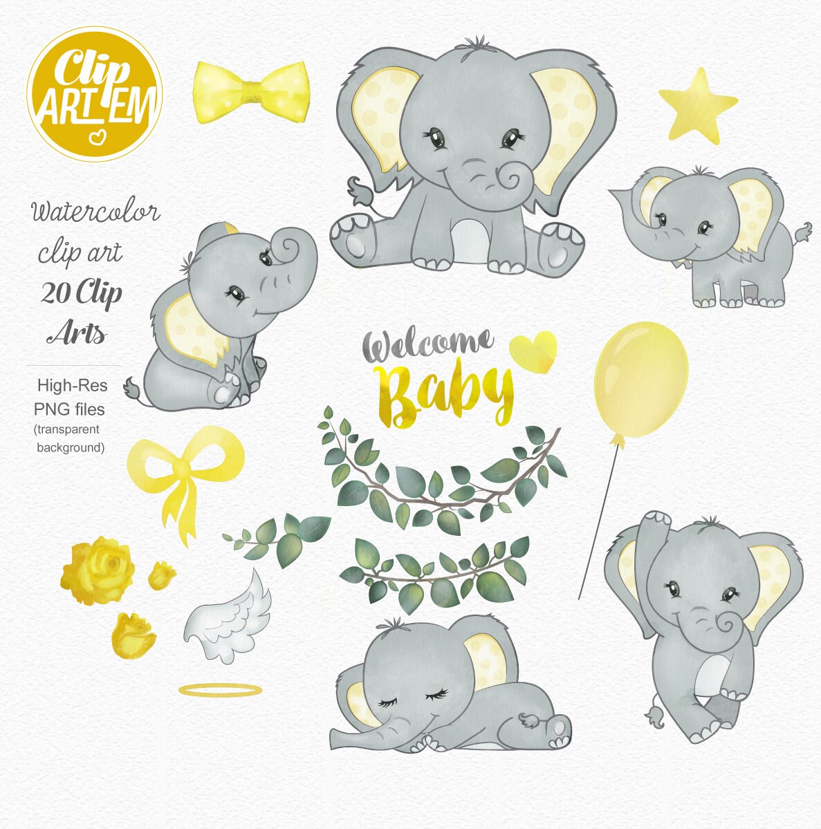 Elephant Clip Art Watercolor. Watercolor Baby Elephant | Etsy