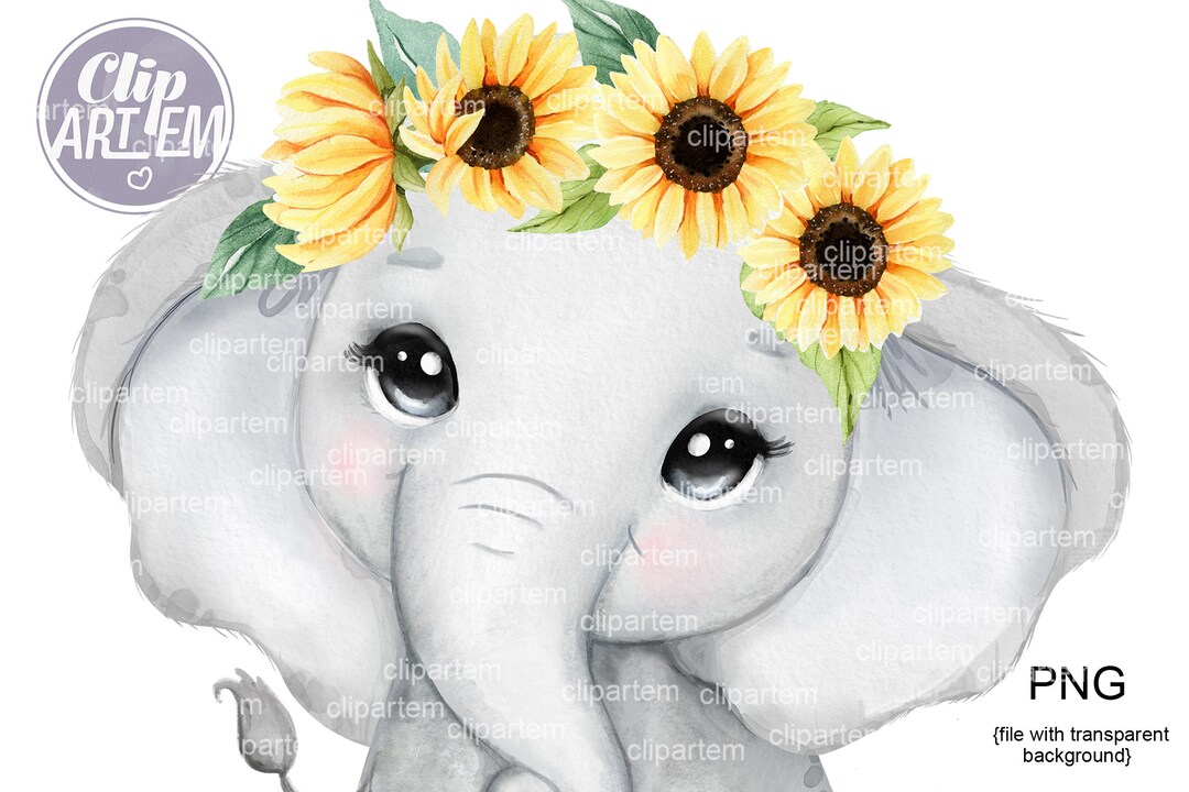 Sunflower Elephant PNG Baby Shower Decorations, Elephant Baby Girl ...