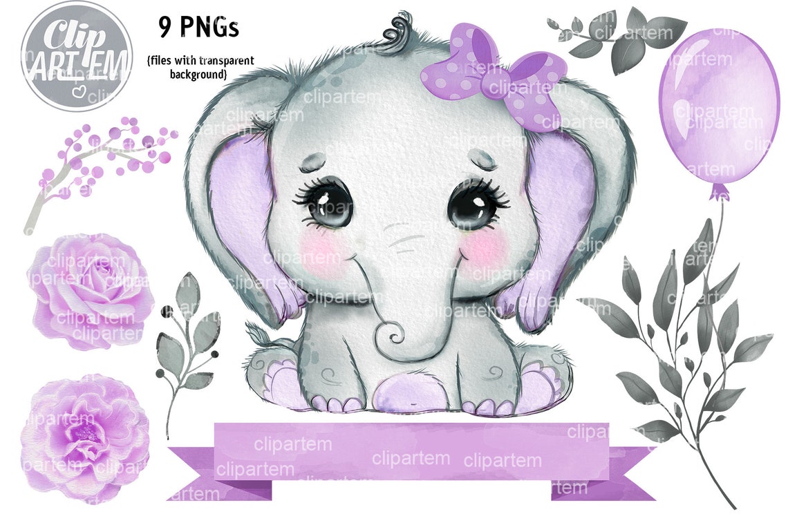 Purple Girl Elephant Clip Art Watercolor Cute Little Peanut - Etsy