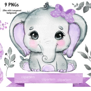 Purple Girl Elephant Clip Art, Watercolor Cute Little Peanut, Lavender ...