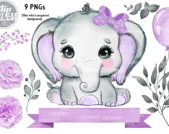 Purple Elephant Girl Clip Art Watercolor. Baby Elephant - Etsy