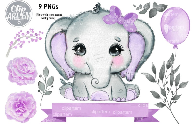 Purple Girl Elephant Clip Art, Watercolor Cute Little Peanut, Lavender ...