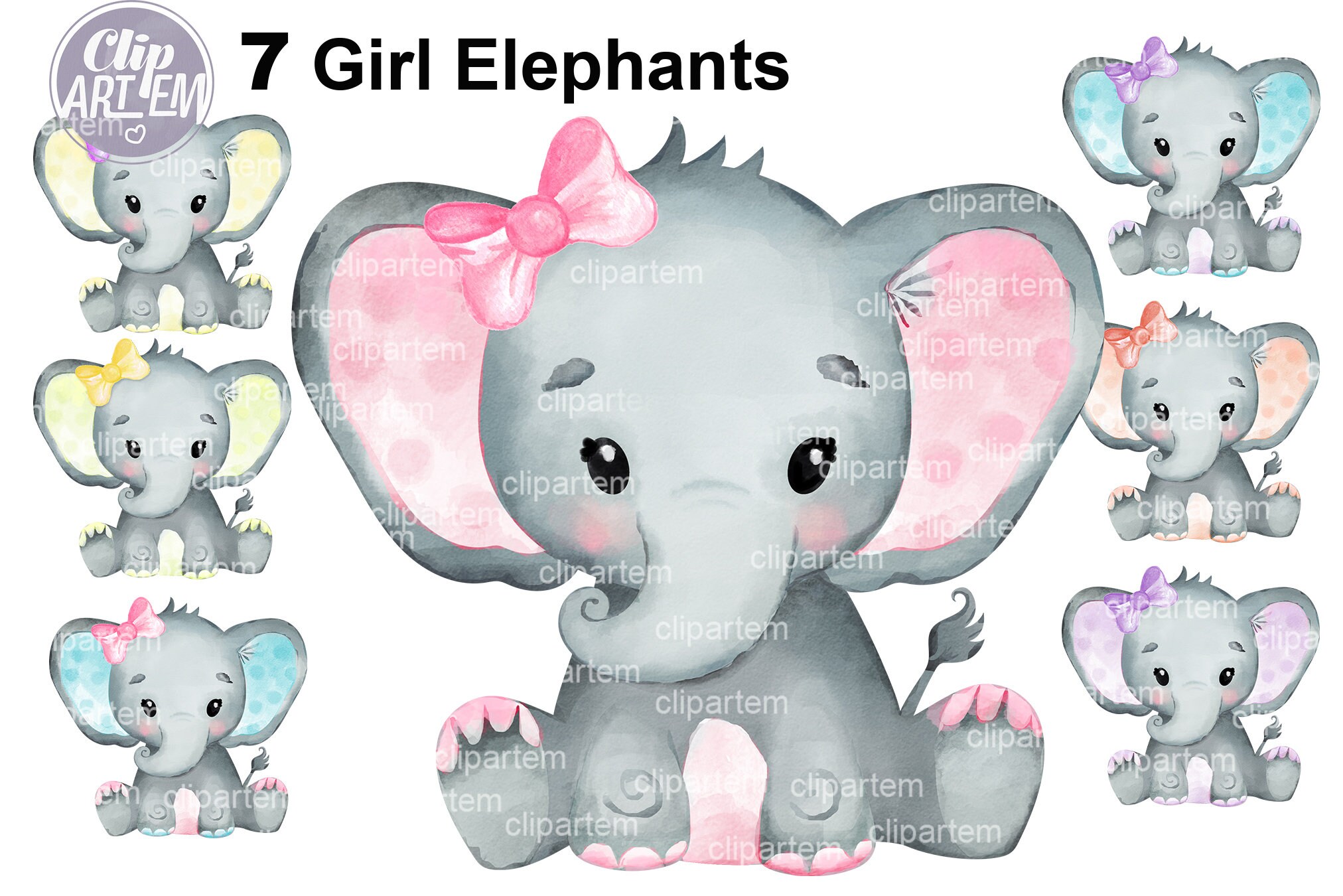7 Girl Elephants with Bows clip art. Bundle of colorful girl | Etsy