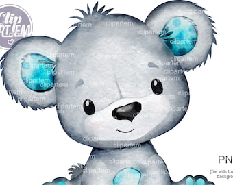 Watercolor Boy Bear Clip Art With Baby Blue Polka Ears. | Etsy