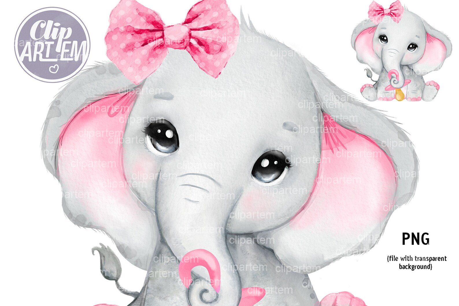 Pink Girl Elephant With Dummy, Pacifier Watercolor Baby Elephant Clip ...