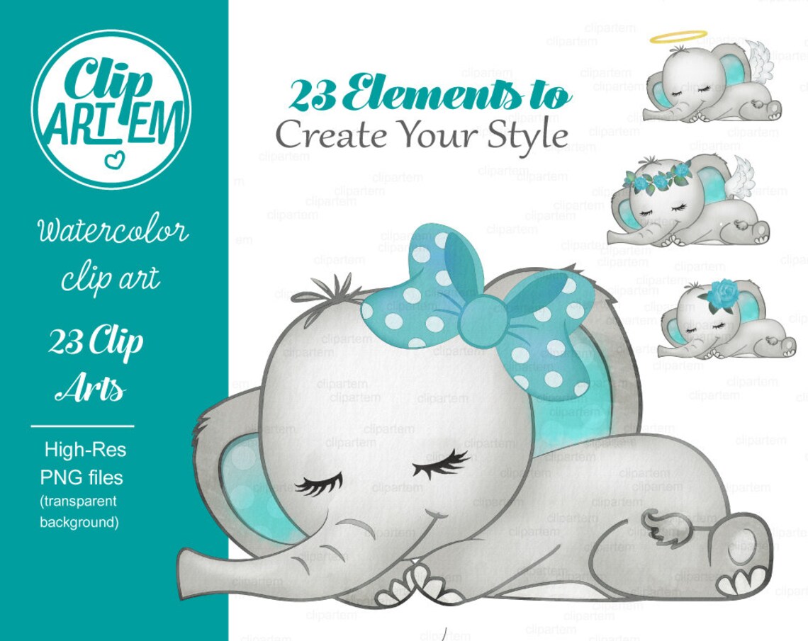 Turquoise Elephant Clip Art, Watercolor. Baby Elephant Clipart, Gray ...