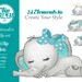 Turquoise Elephant Clip Art, Watercolor. Baby Elephant Clipart, Gray ...