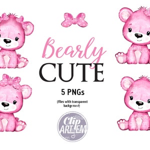 Pink Girl Bear Watercolor 5 Png Bundle, Baby Pink Cub Bear for Baby ...