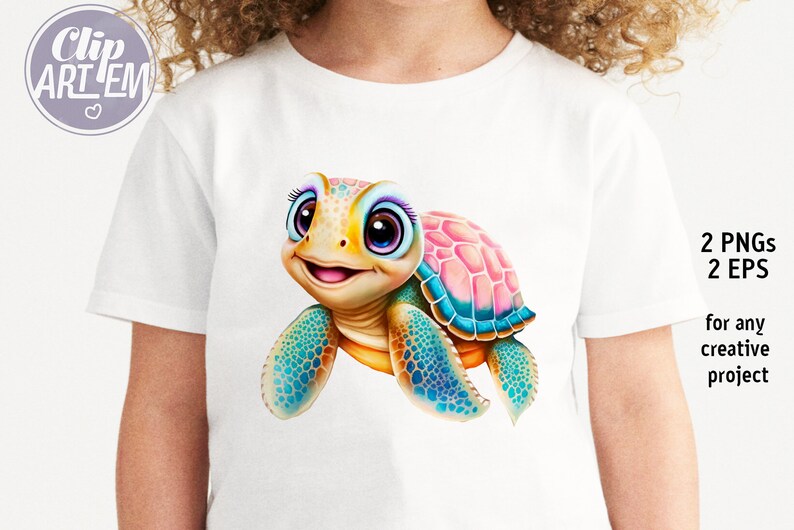 Boy and Girl Turtle Clip Art and Vector, Digital Ocean Turtle Painting ...
