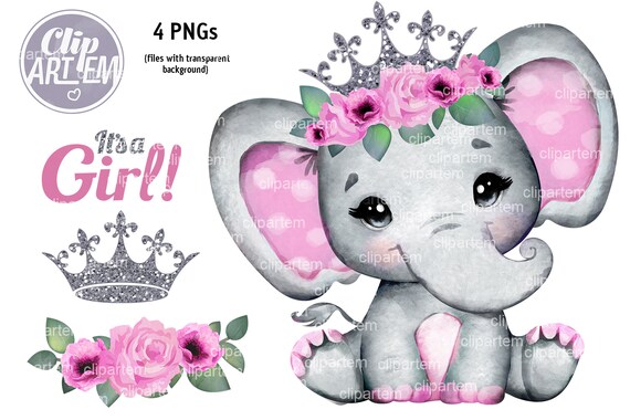 Princess Elephant Silver Pink Royal Clip Art Watercolor Girl - Etsy
