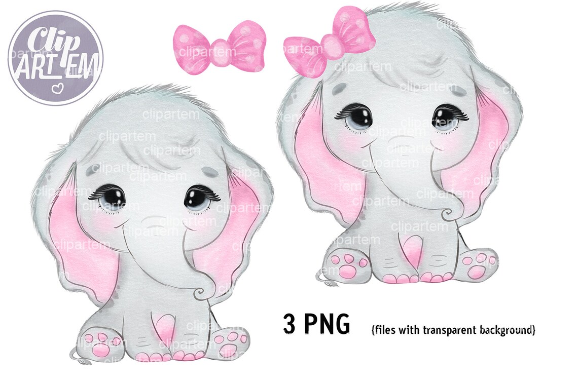 Cute Girl Elephant With Bow Pink Gray Watercolor Girl Baby Elephant ...