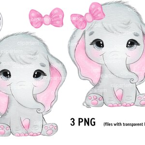 Cute Girl Elephant With Bow Pink Gray Watercolor Girl Baby Elephant ...
