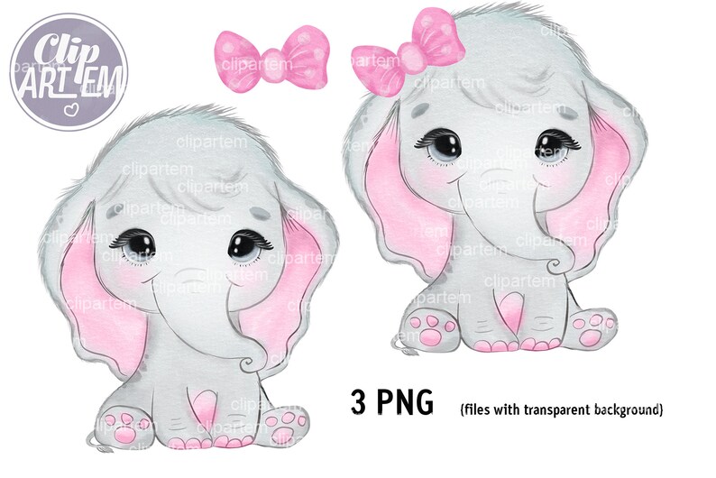 Cute Girl Elephant With Bow Pink Gray Watercolor Girl Baby Elephant ...