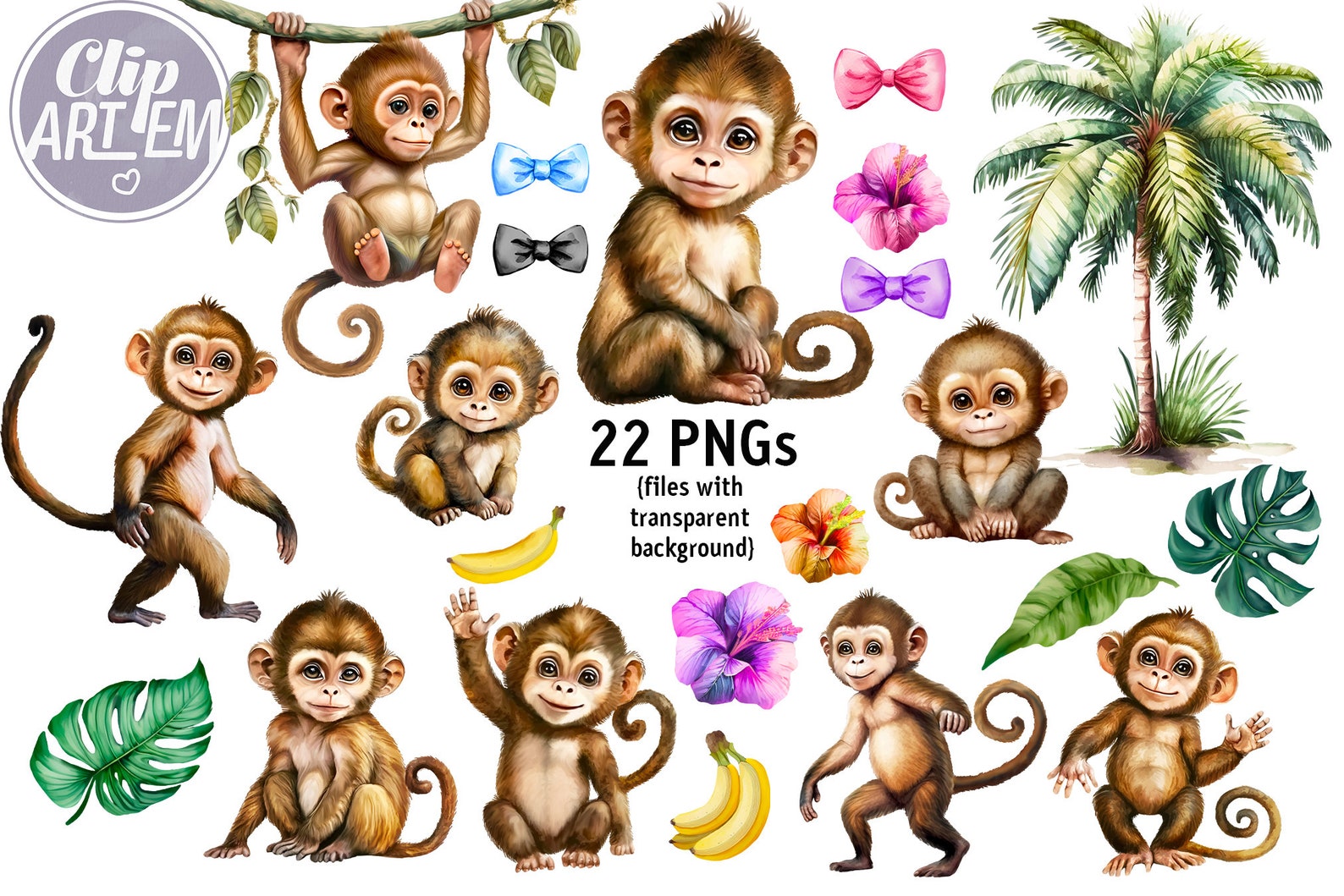 Monkey Clip Art BUNDLE Watercolor Baby Young Monkey Boy and - Etsy