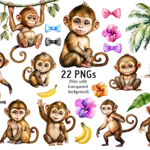 Monkey Clip Art BUNDLE Watercolor Baby Young Monkey, Boy and Girl, Pink ...