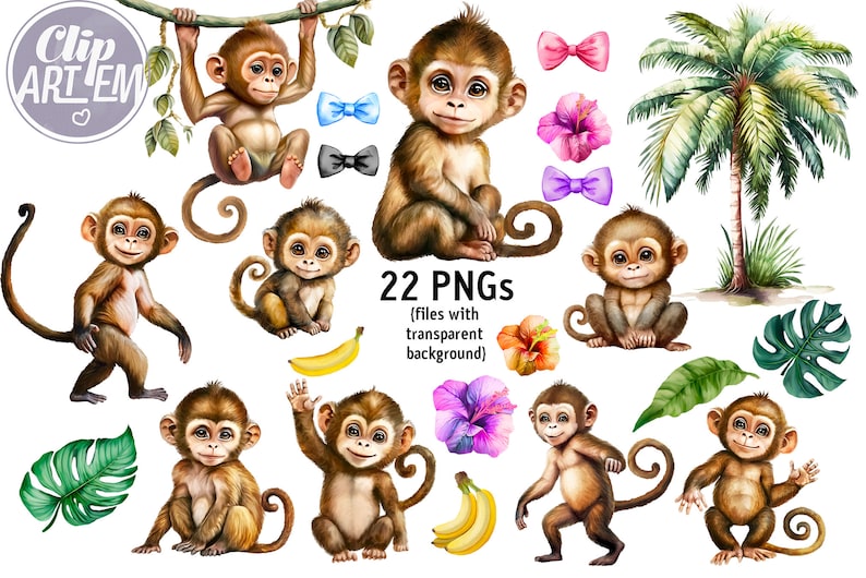 Monkey Clip Art BUNDLE Watercolor Baby Young Monkey Boy and - Etsy