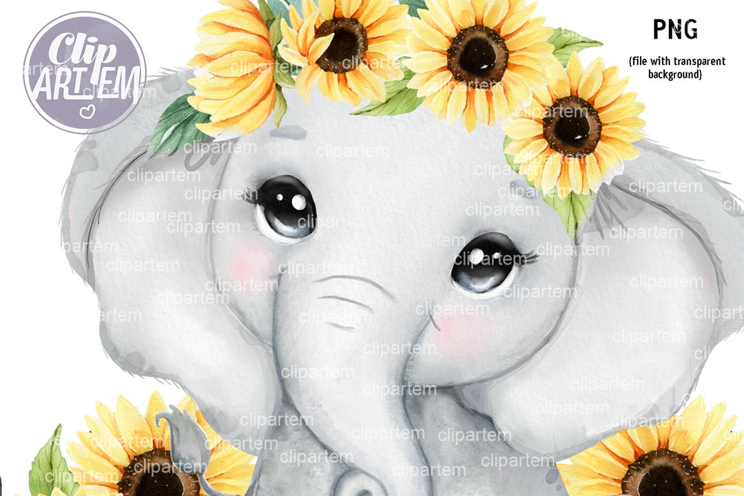 Elephant With Sunflowers Gray Girl Elephant With Floral Crown, Yellow ...
