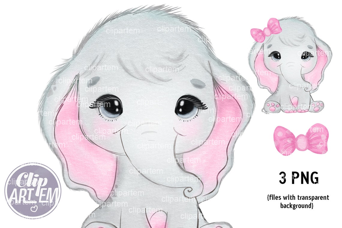 Cute Girl Elephant With Bow Pink Gray Watercolor Girl Baby Elephant ...