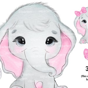 Cute Girl Elephant With Bow Pink Gray Watercolor Girl Baby Elephant ...