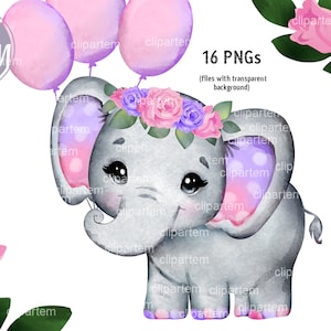 Pink Purple Elephant Girl Baby Clip Art, Set of 16 PNG Illustration ...