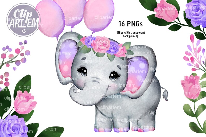 Pink Purple Elephant Girl Baby Clip Art Set of 16 PNG - Etsy