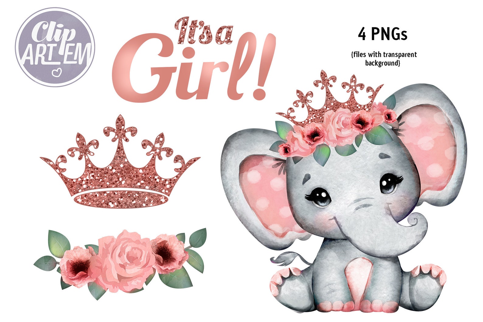 Rose Gold Baby Girl Elephant Watercolor Floral Princess Clip - Etsy
