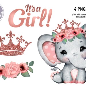 Rose Gold Baby Girl Elephant Watercolor Floral Princess Clip Art, Peach ...