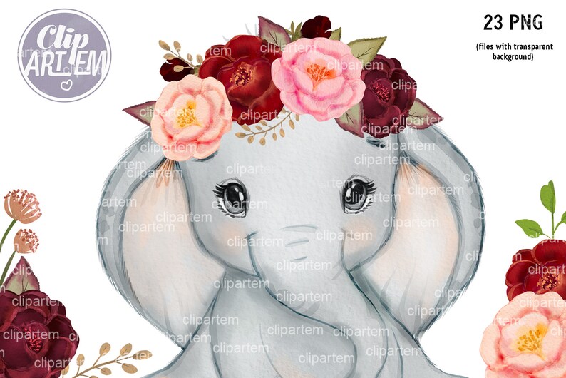 Elephants Watercolor Red Pink Roses Florals, Boy, Girl and Gender ...