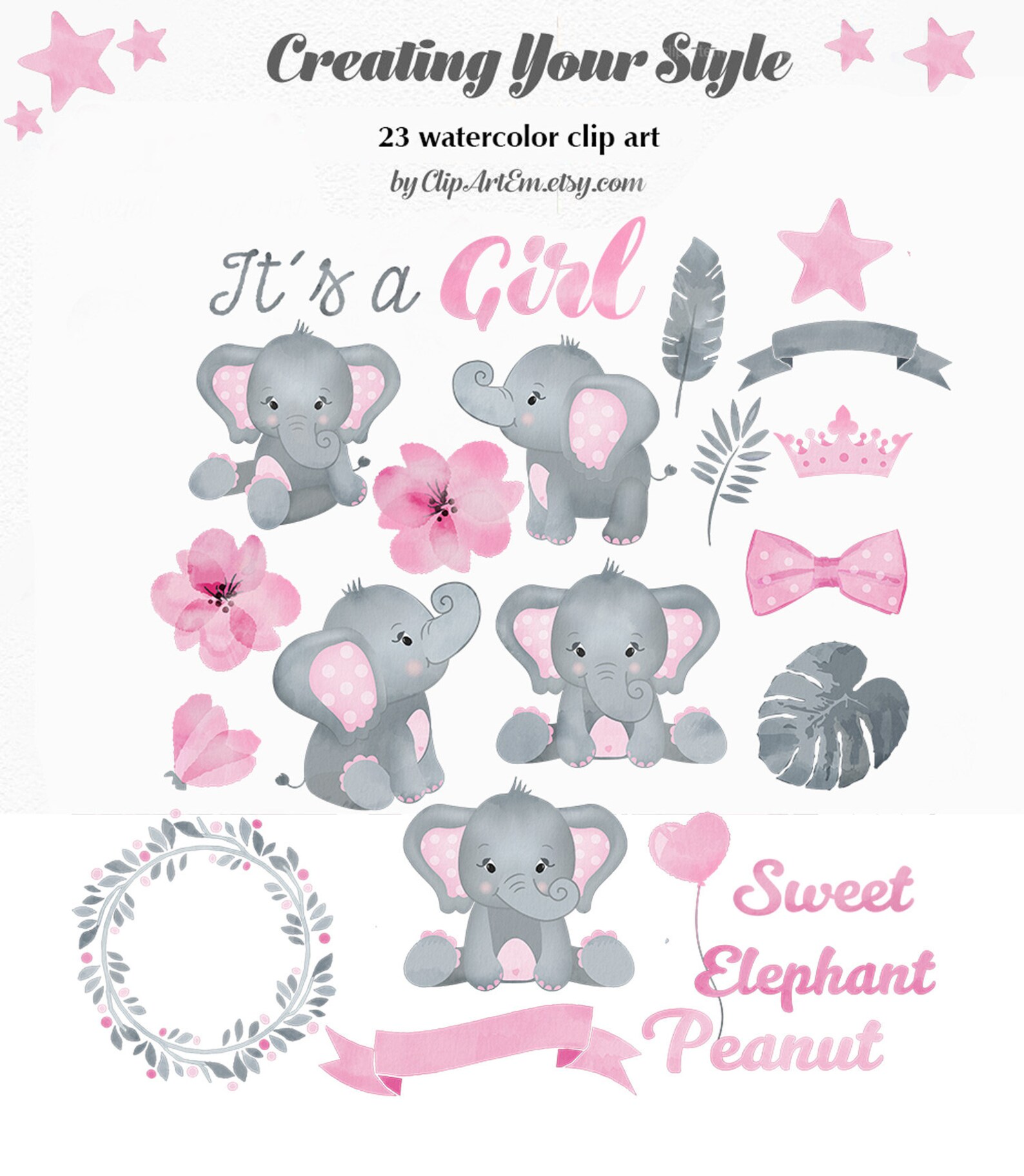 Baby Elephant Girl Clip Art, Cute Little Girl Peanut in Pink and Gray ...